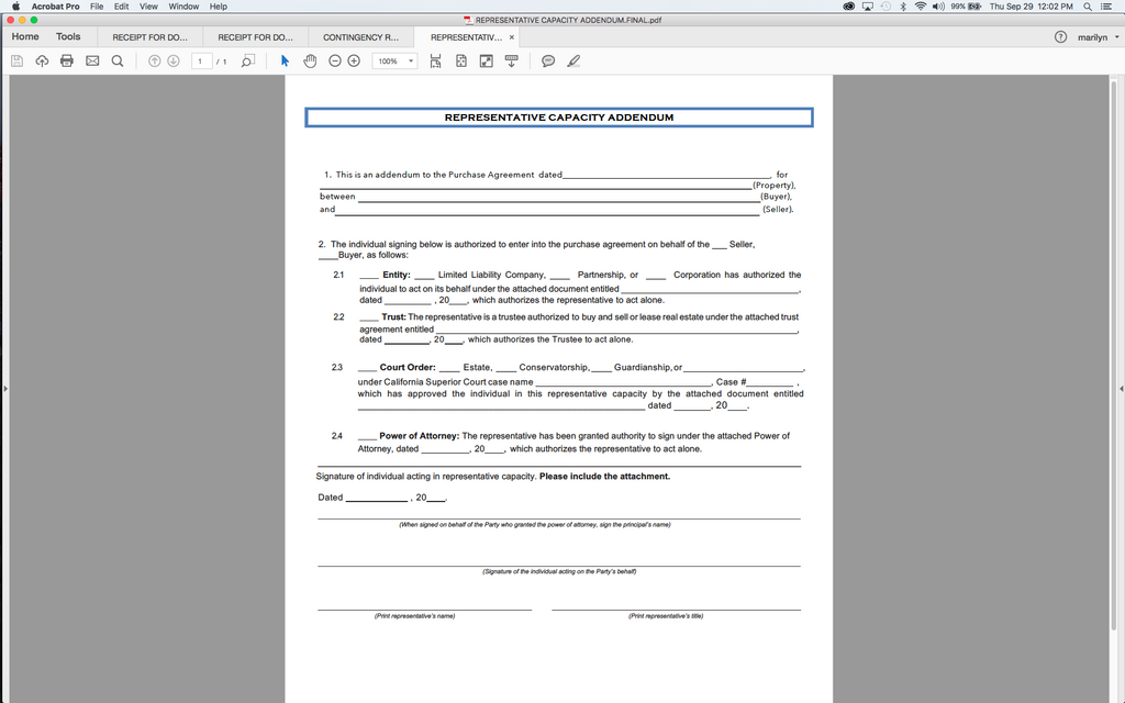 Downloadable form California Representative Capacity Addendum
